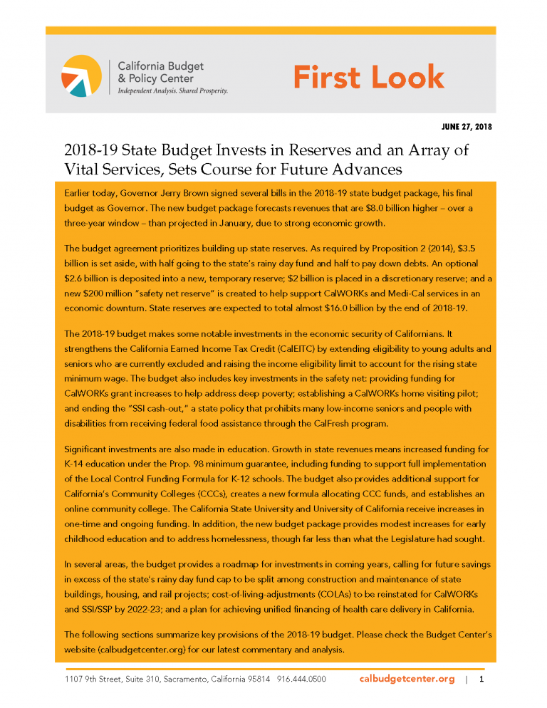 First Look: A Budget Center Analysis of the 2018-19 State Budget ...