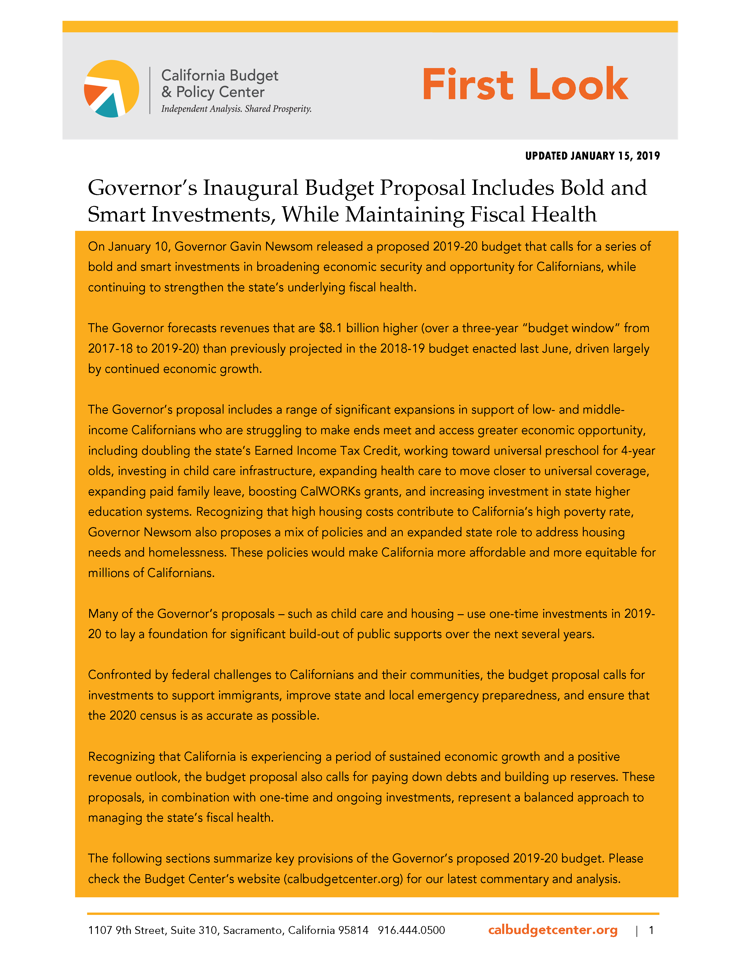 First Look: Budget Center Analysis of the Governor's 2019 Budget ...